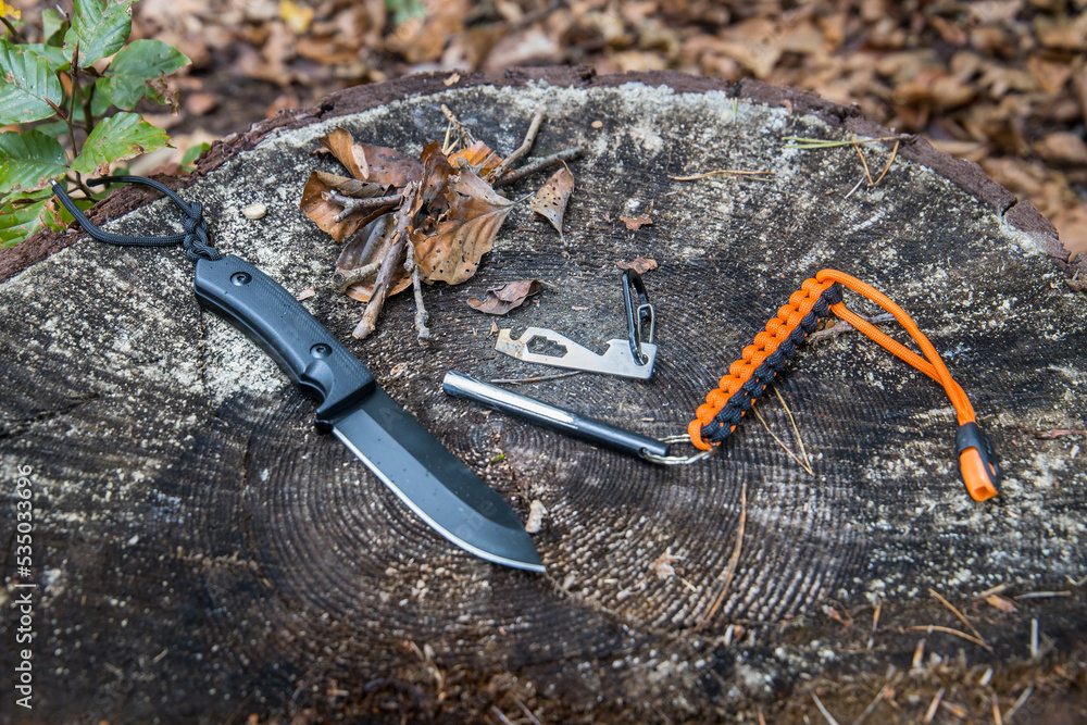 Essential tactical bushcraft tools on a tree stump in the woods Stock ...