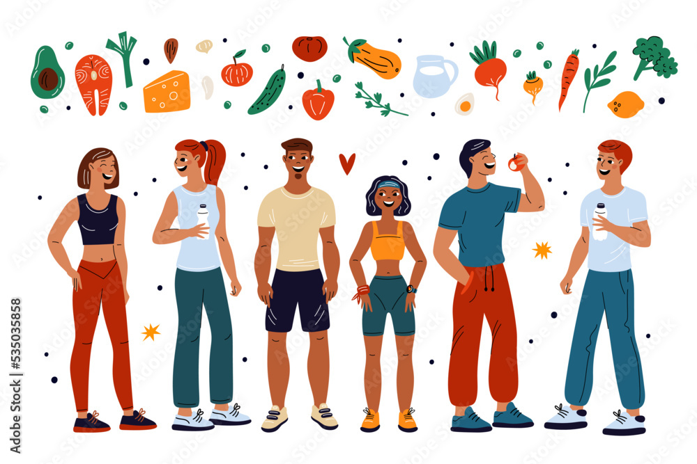 Cartoon athletic people. Diet nutrition. Happy characters. Healthy food ...