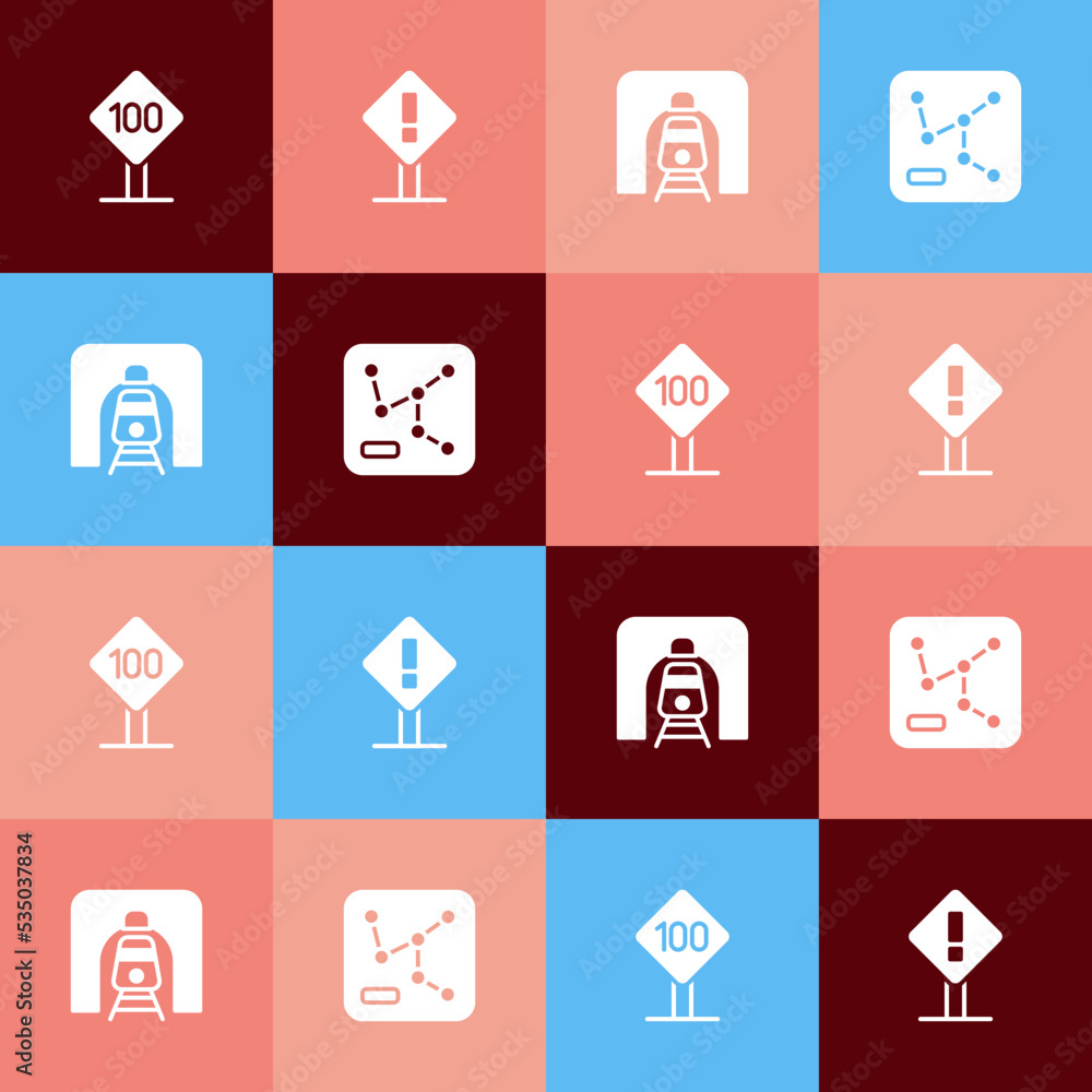 Set pop art Speed limit traffic sign 100 km, Exclamation mark in square ...