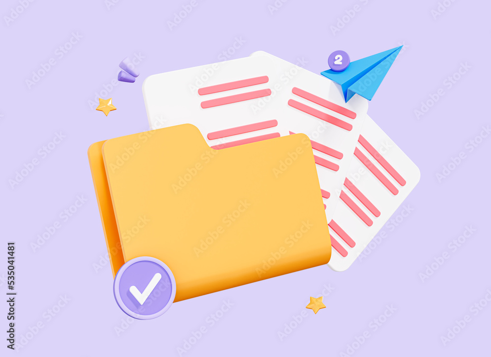 3D Folder with document files. Digital management. Online paperwork and ...