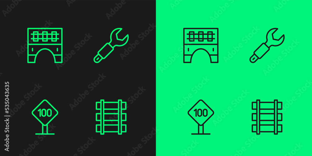 Set line Railway, railroad track, Speed limit traffic sign 100 km ...