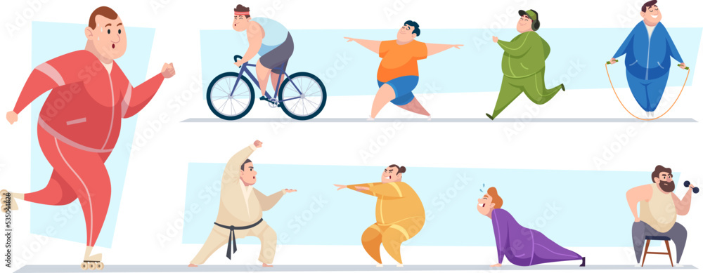 Fat characters. Outdoor sport active people fitness activity in gym fat ...
