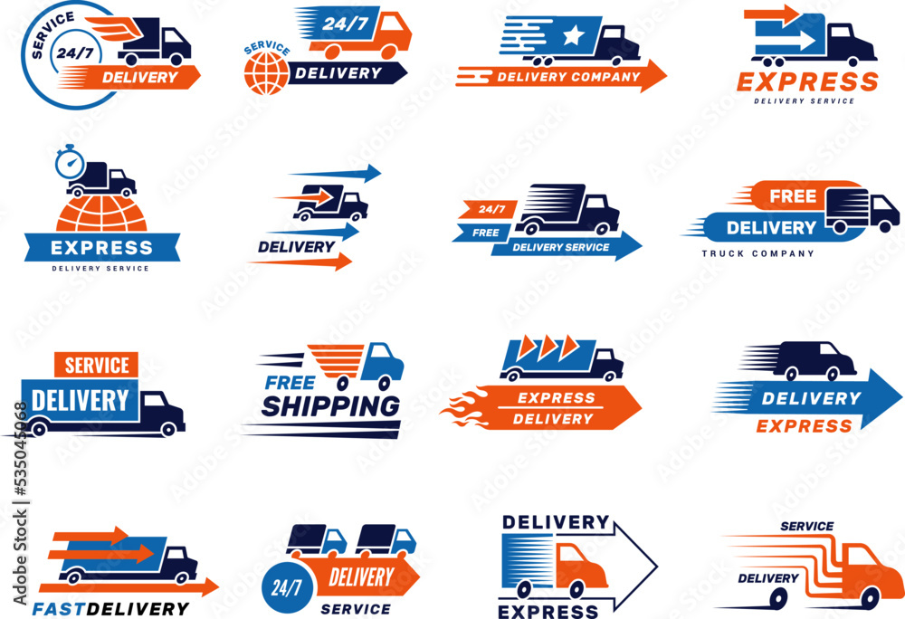 Delivery services. Emblem and logos with various transport for delivery ...