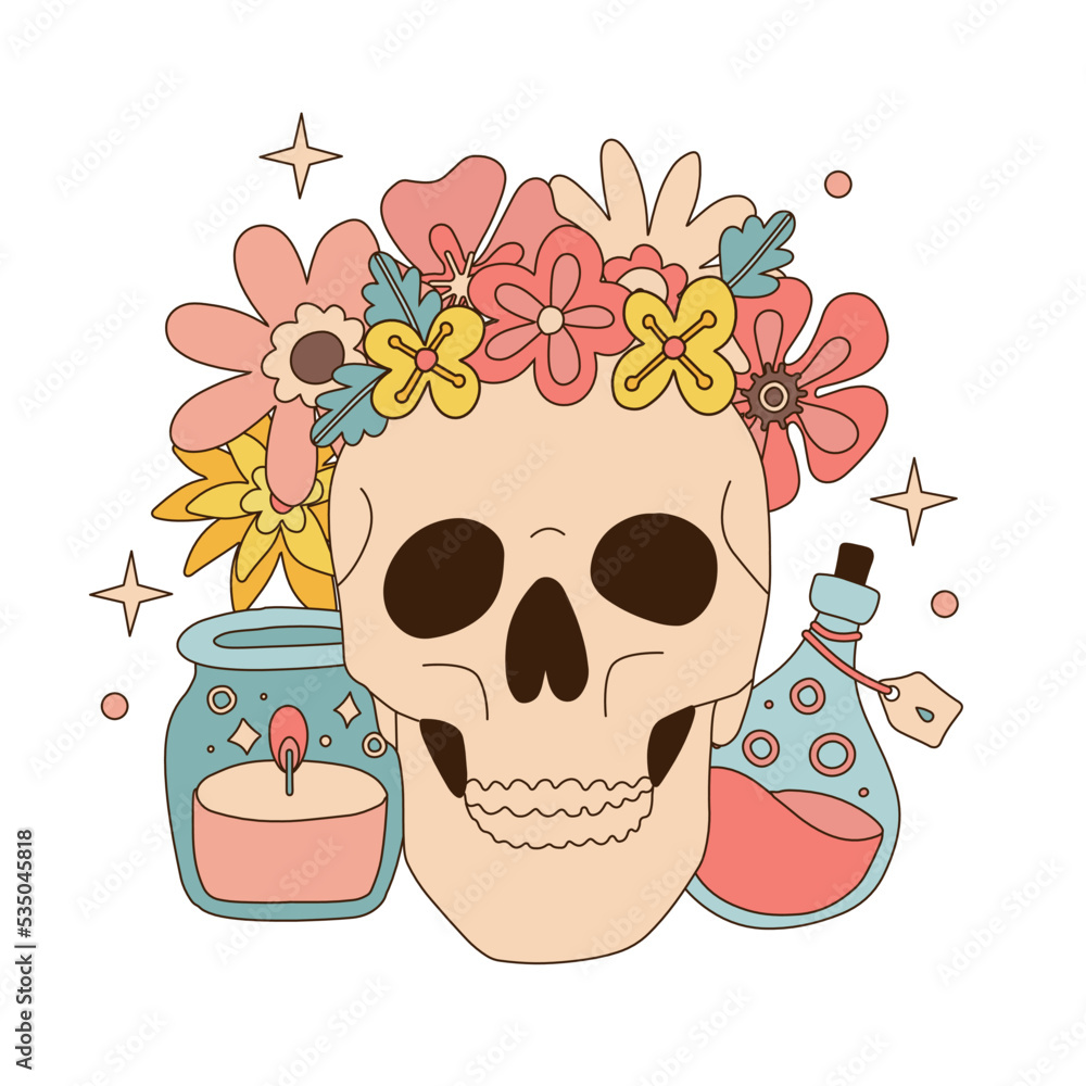 Human skull in flower floral with magic flask, witch bottle, magic ...
