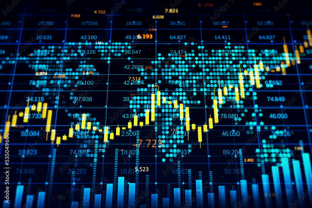 Creative forex chart with hexagonal map, candlestick graph, index and ...