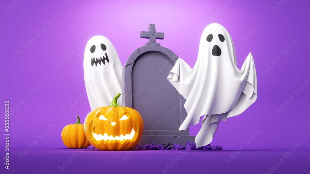 3d render, halloween illustration with flying white ghosts pumpkin jack ...