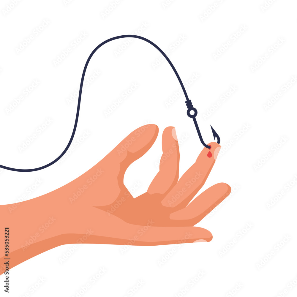 Hook stuck in finger. Man pierced his finger with a fishing hook. Blood ...