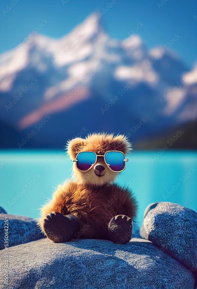 Teddy bear with sunglasses resting on rocks in the sun. Toy bear ...
