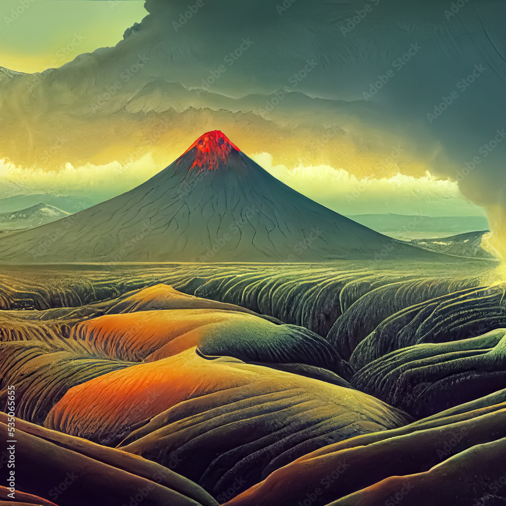 Prehistoric antediluvian landscape, rocky mountains and volcanoes ...