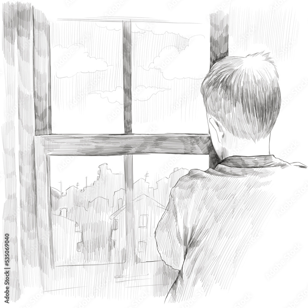 Boy looking out the window. Charcoal Drawing. Pencil Drawing. Engraving ...