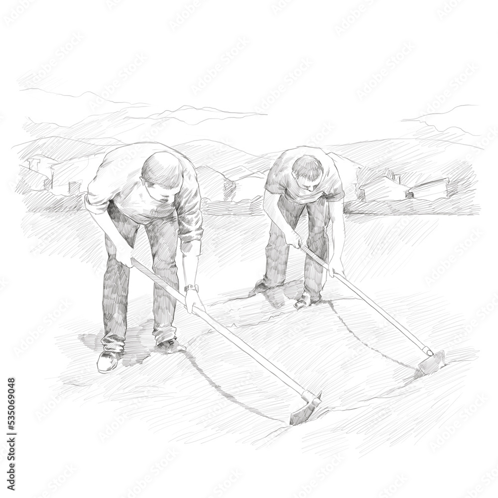 Farmers hoeing in the field. Charcoal Drawing. Pencil Drawing ...