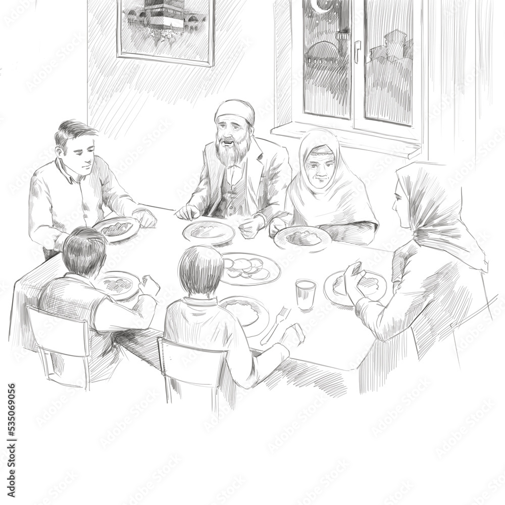 Family waiting for iftar in Ramadan. muslim family meal. Charcoal ...