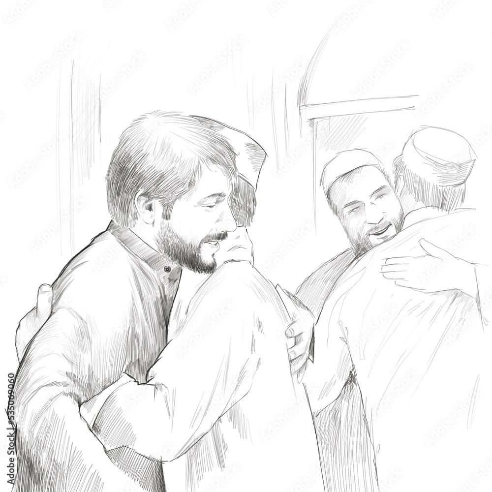 Muslims hug to celebrate Eid. Charcoal Drawing. Pencil Drawing ...