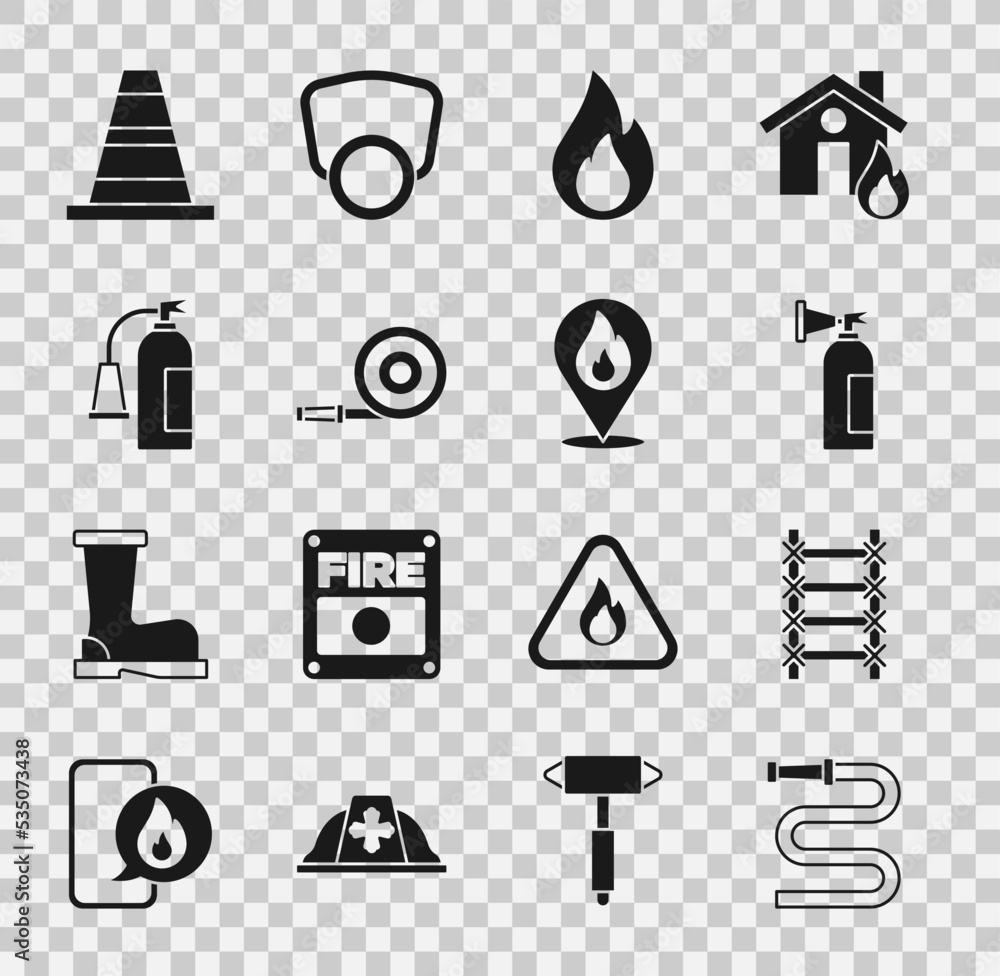 Set Fire hose reel, escape, extinguisher, flame, Traffic cone and ...