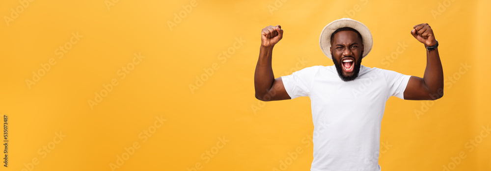 Handsome young Afro-American man employee feeling excited, gesturing ...