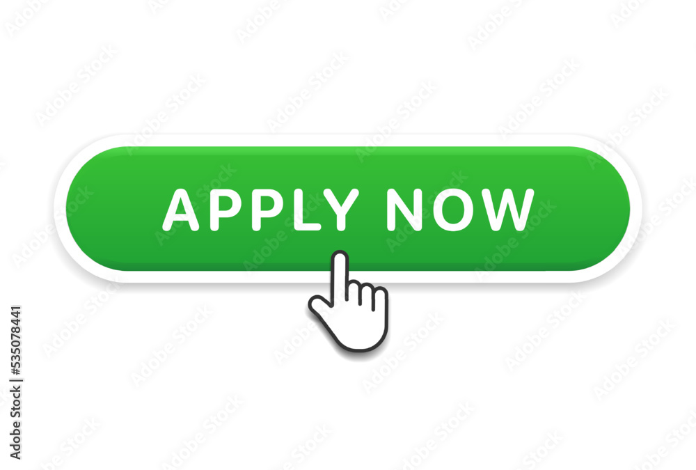 Vecteur Stock 3d apply now green button with hand cursor. Application button hand pointer ...