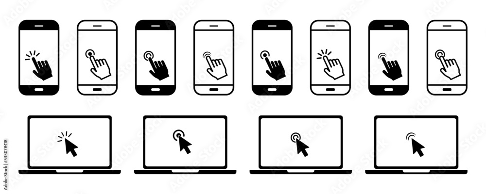 Click computer mouse on screen laptop and hand touch on screen ...