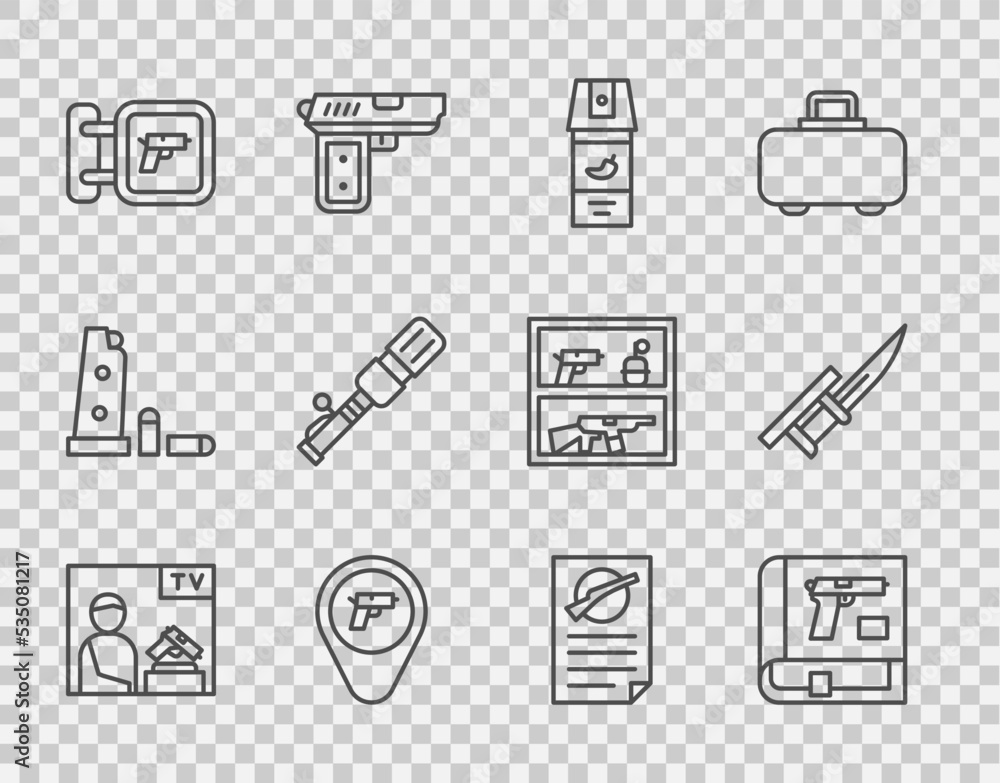 Set line Advertising weapon, Book with pistol or gun, Pepper spray ...