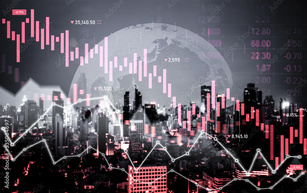 Economic crisis concept shown by digital indicators and graphs falling ...