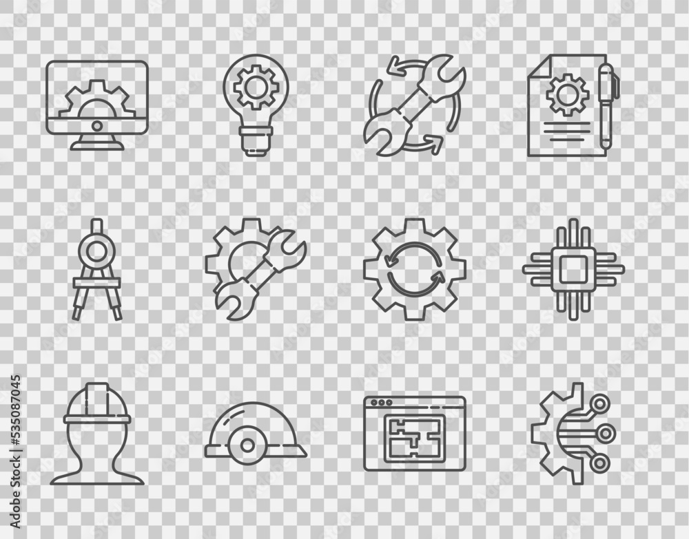 Set line Worker safety helmet, Algorithm, Wrench and arrows as workflow, Computer monitor gear ...