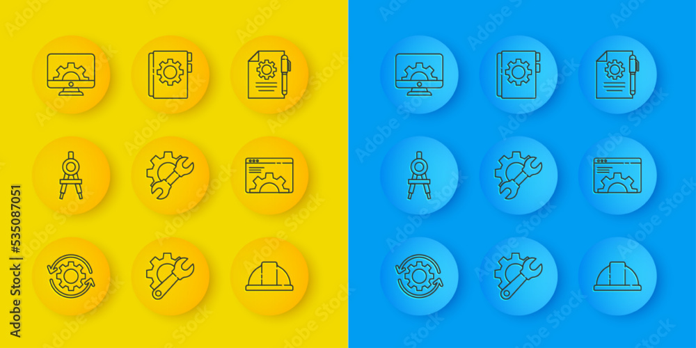 Set line Gear and arrows as workflow, Drawing compass, Wrench spanner ...