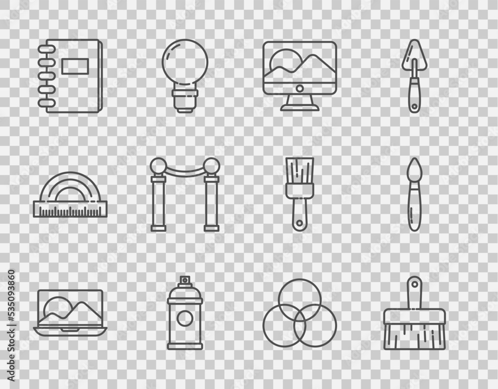 Set line Laptop, Paint brush, Computer monitor screen, spray can ...