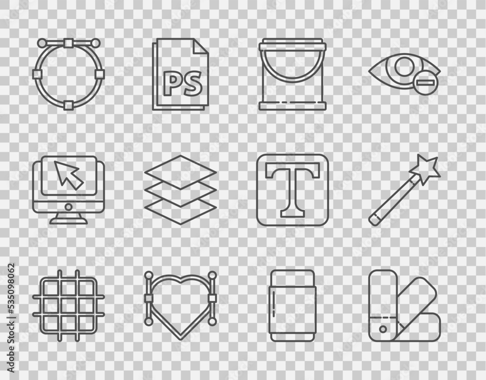 Set line Grid graph paper, Color palette guide, Paint bucket, Heart with Bezier curve, Circle ...