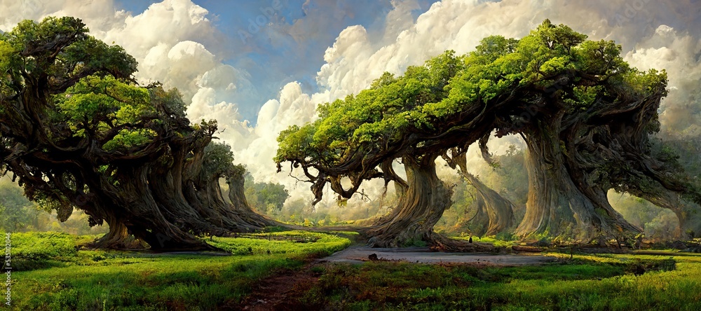 Enchanted forest, surreal dreamscape of majestic ancient oak trees ...