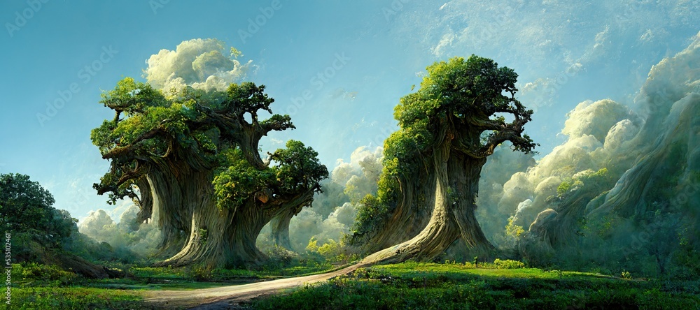 Enchanted forest, surreal dreamscape of majestic ancient oak trees ...
