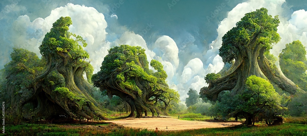 Enchanted forest, surreal dreamscape of majestic ancient oak trees ...