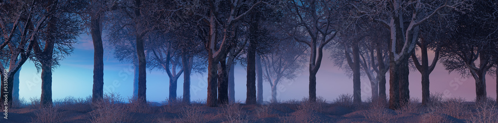 Seasonal Background with Snow covered Trees in a Blue and Purple Fog ...