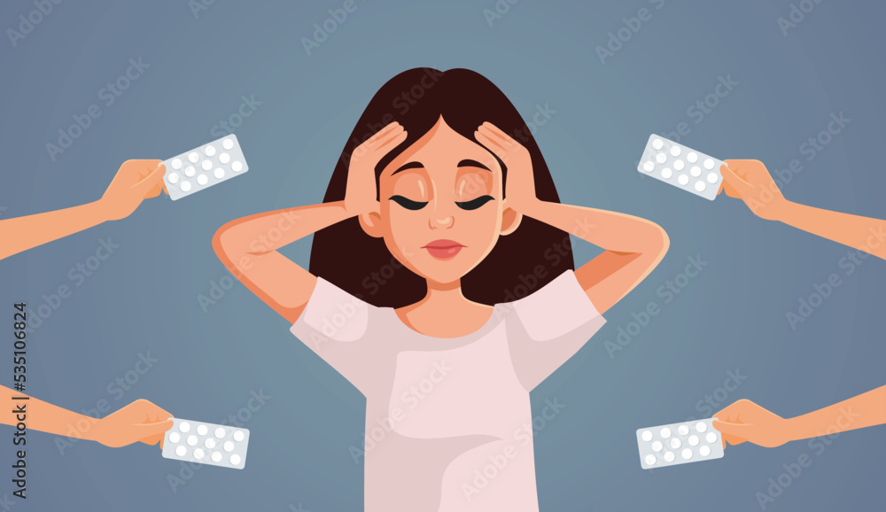 Woman Suffering a Headache Receiving Treatment Vector Cartoon ...