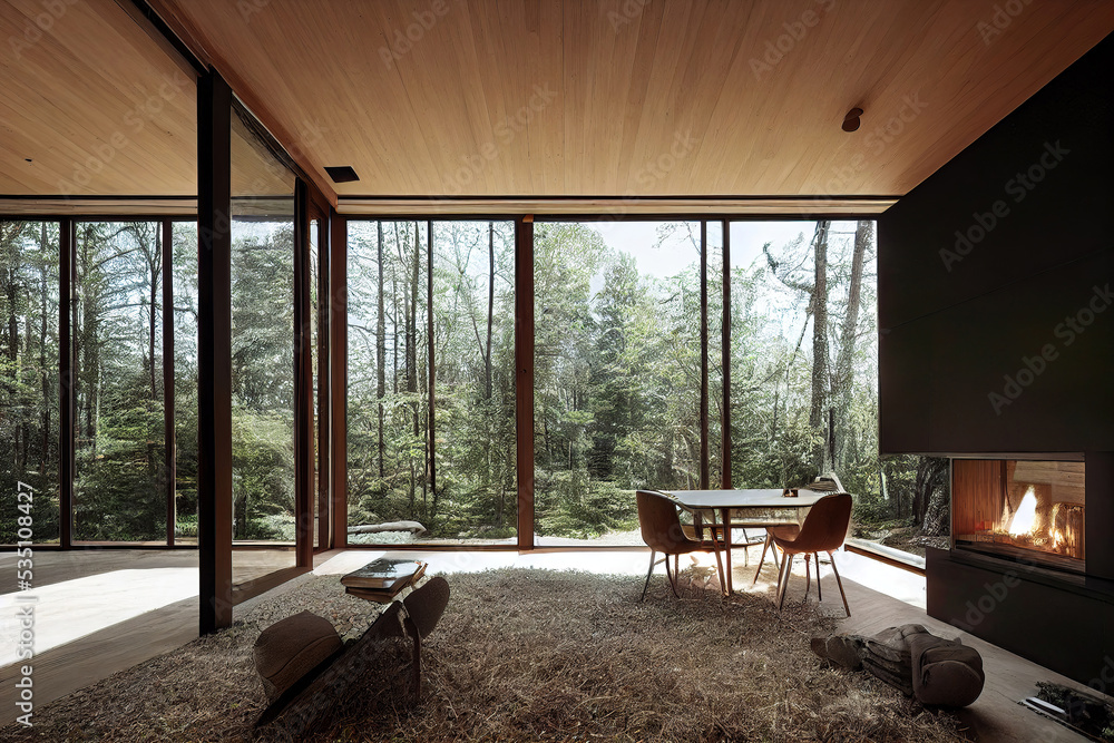 Beautiful modern house interior, big windows, forest scene, 3d render ...