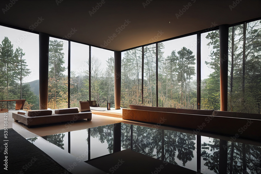 Beautiful modern house interior, big windows, forest scene, 3d render ...