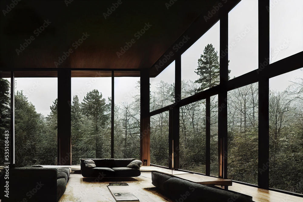 Beautiful modern house interior, big windows, forest scene, 3d render ...