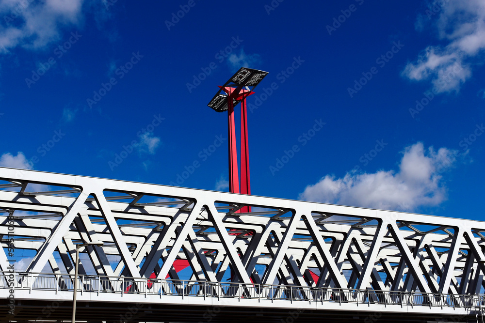 steel railway bridge girder closeup in perspective view. red steel ...