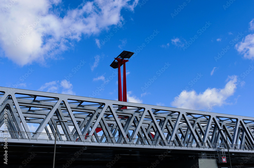 steel railway bridge girder closeup in perspective view. red steel ...