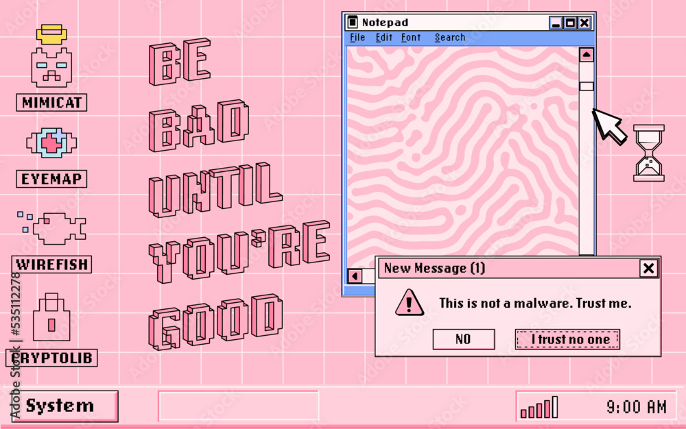 PC desktop with start menu, window boxes and icons in retro Y2K or 2000 ...