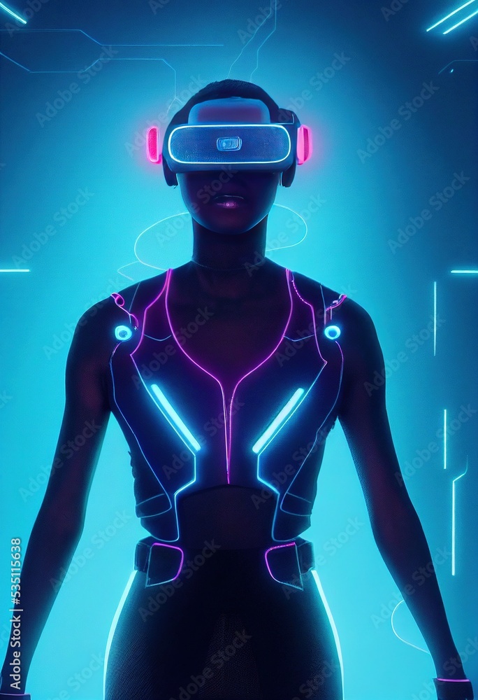 Humans in the metaverse using VR headsets to explore a futuristic, neon ...