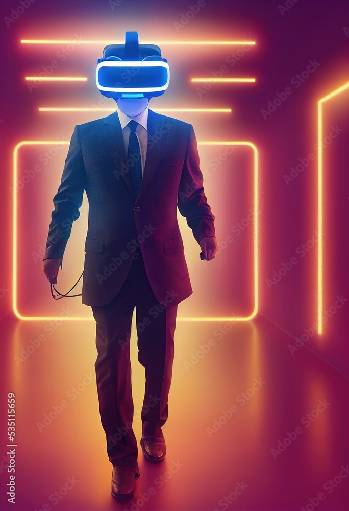 Humans in the metaverse using VR headsets to explore a futuristic, neon ...