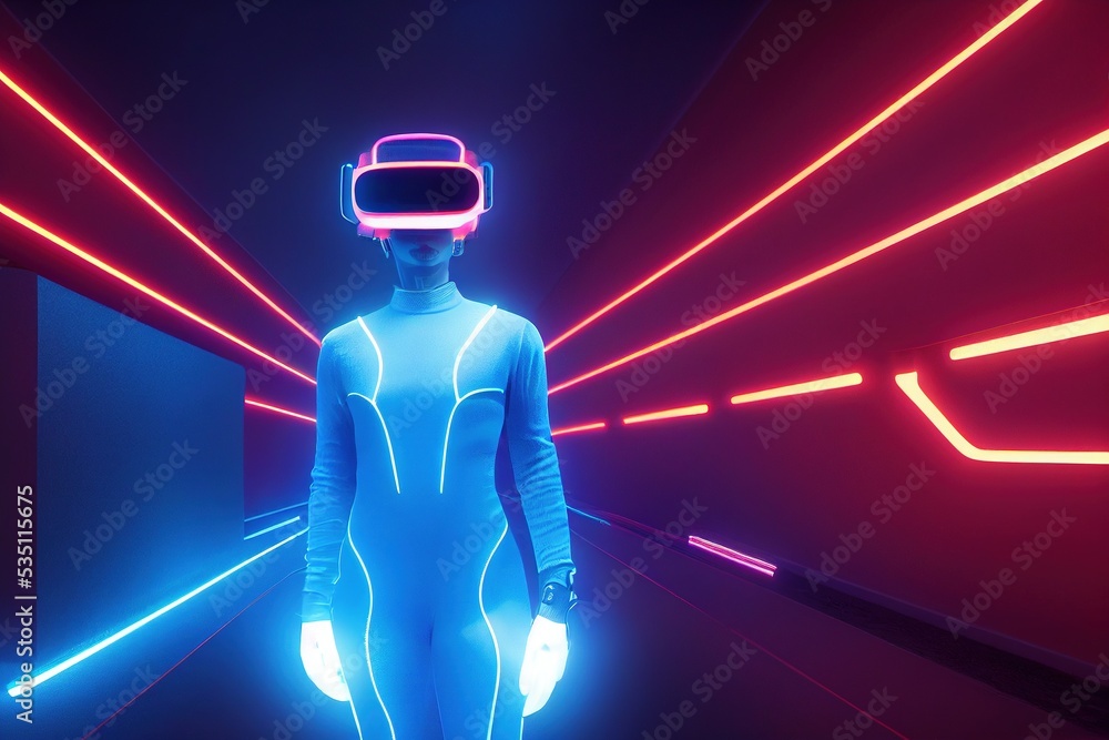 Humans in the metaverse using VR headsets to explore a futuristic, neon ...