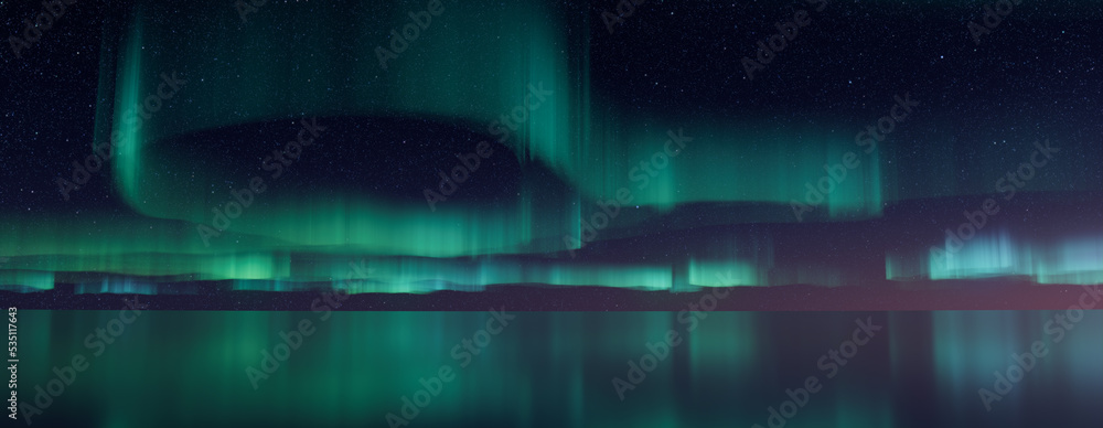 Northern Lights Background. Blue Aurora Borealis reflected in Water ...