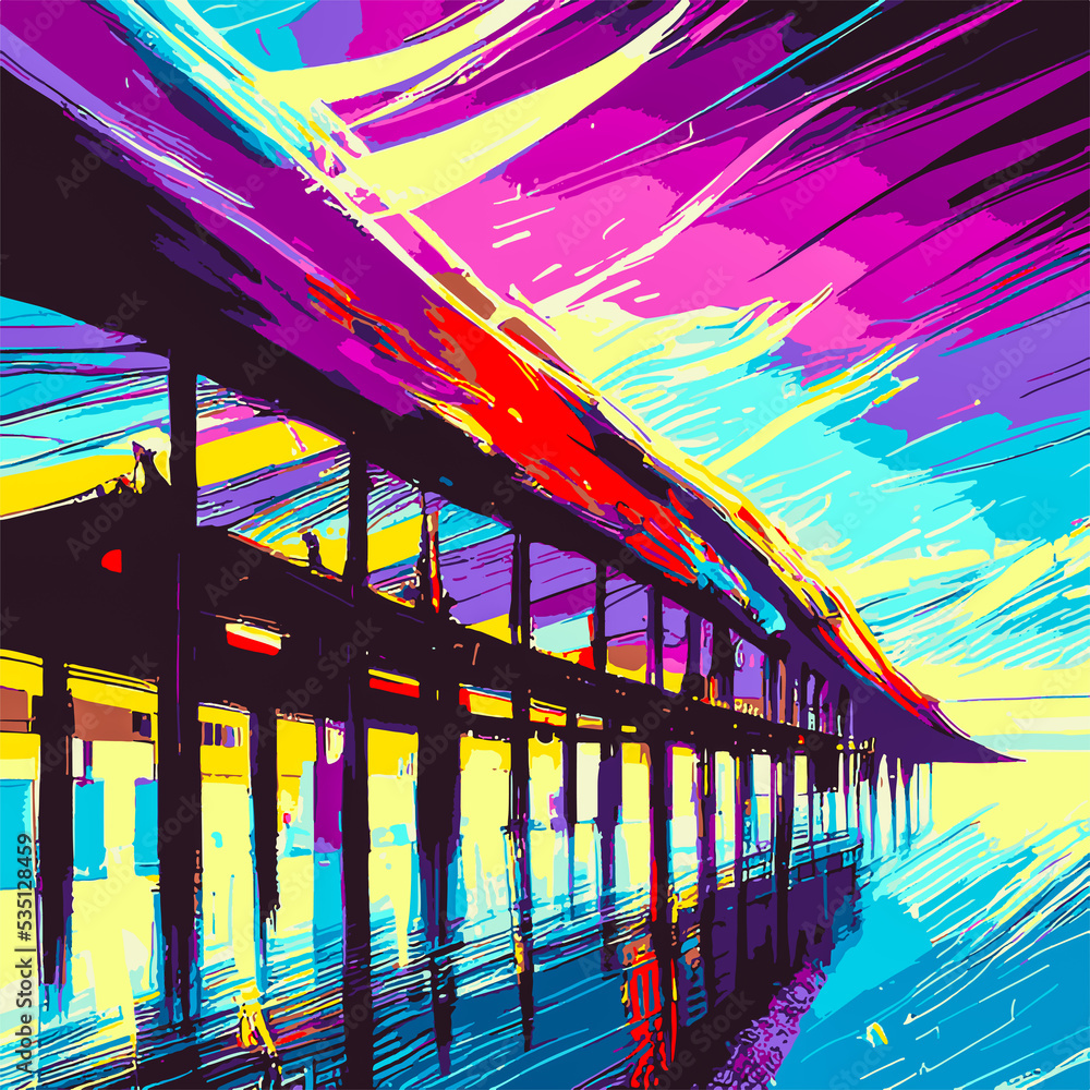 Bridge over the sea with brush stroke painting. Watercolor art ...