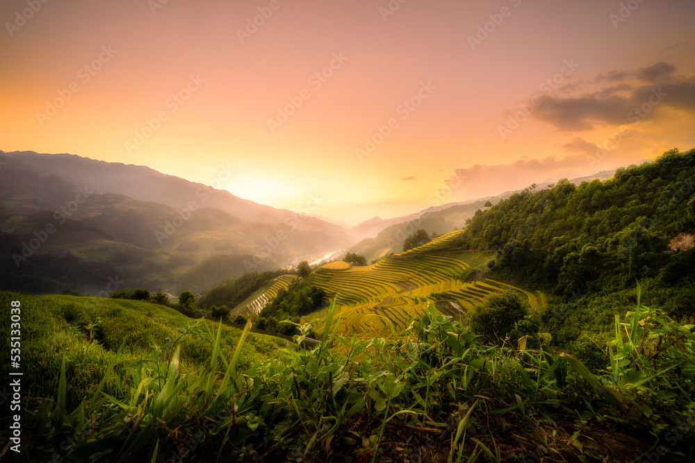 Póster Aerial view of golden rice terraces at Mu cang chai town near ...