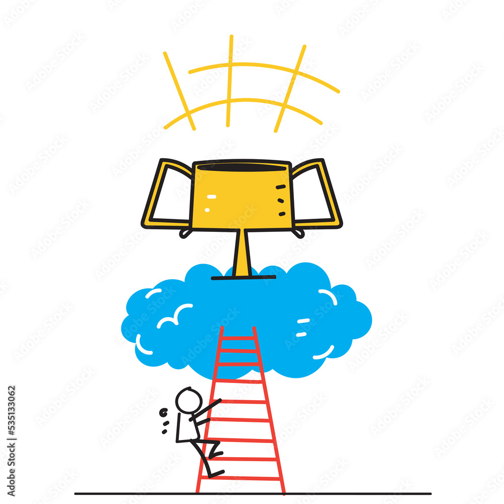 hand drawn doodle stick figure with ladder of success achieving goal ...