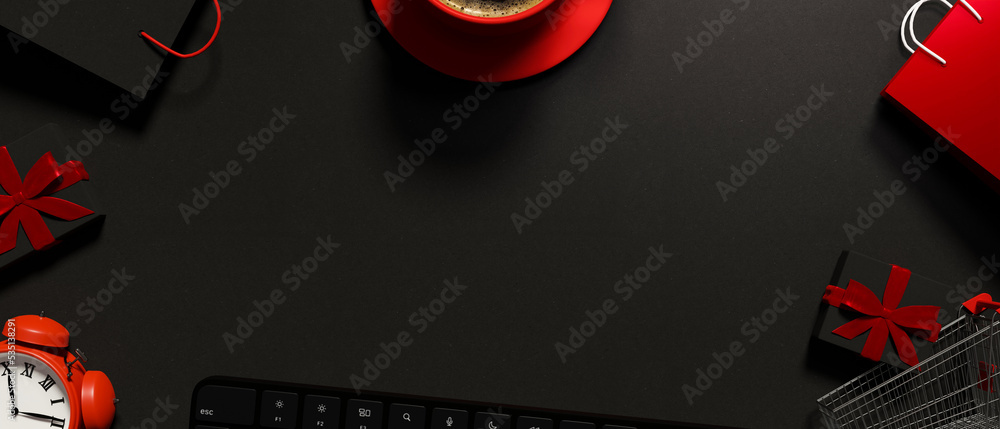 Online shopping graphic banner in black and red theme. Copy space on ...