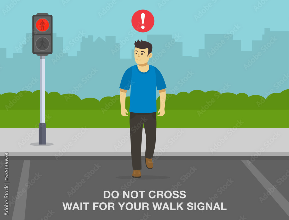 Vecteur Stock Pedestrian road safety rules and tips. Young male character crossing the street on ...