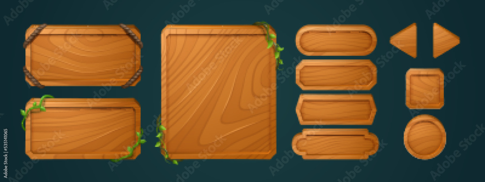 Wooden game buttons, menu interface made of wood textured boards with ...