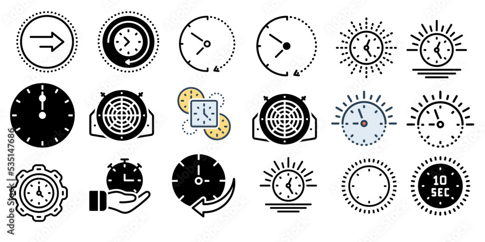 Time icons set. Time clock icons collection.Time and clock line icons ...