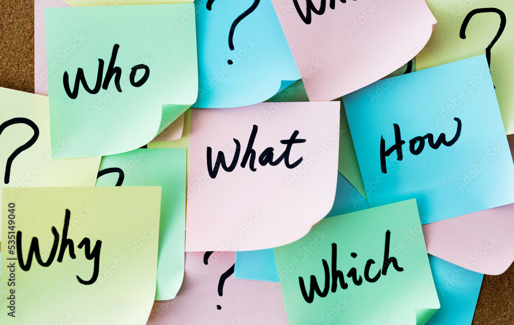 Who, why, what, when, how, where, which question on paper notes Stock ...